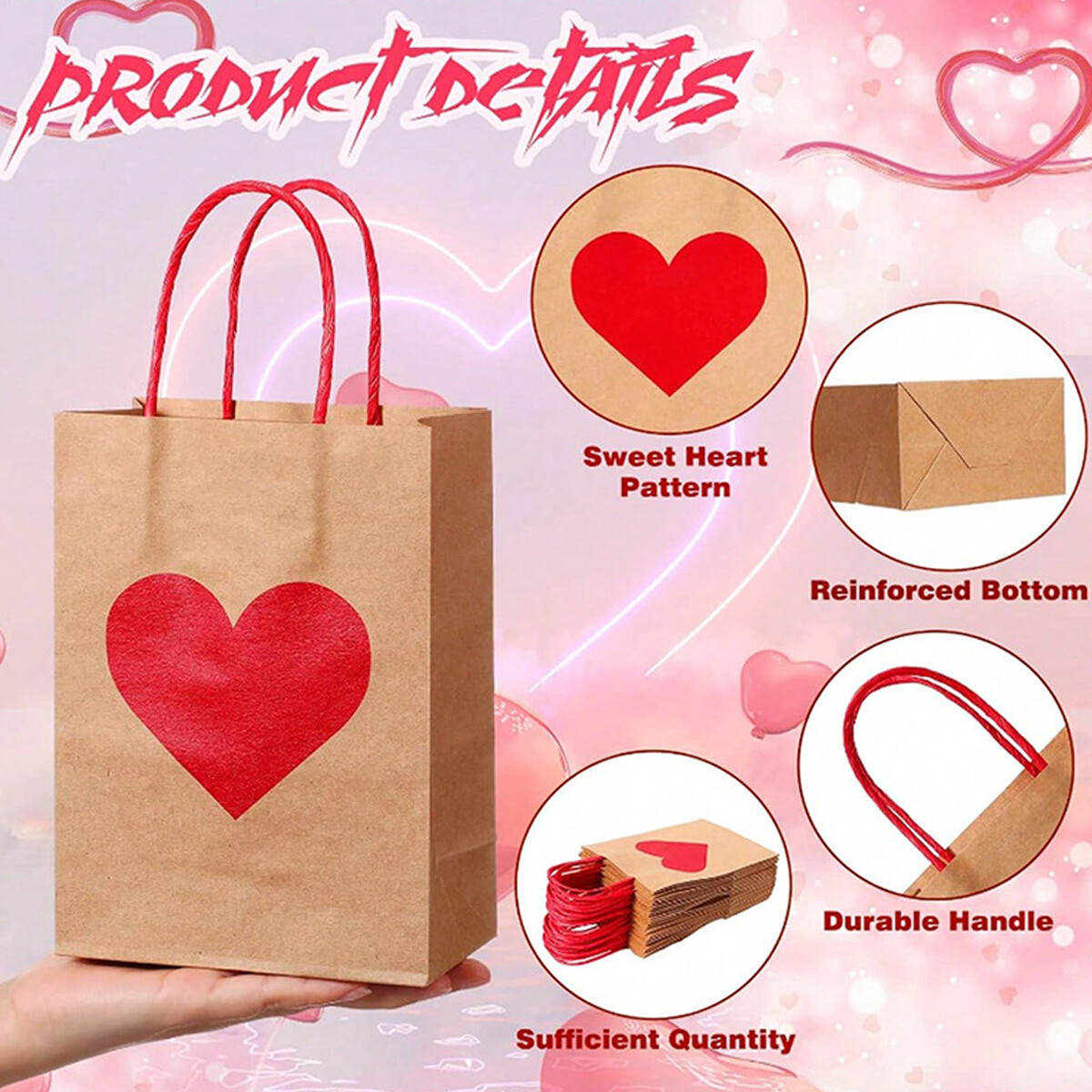 Sacs cadeaux en papier kraft avec étiquettes, motif cœur, réutilisables ...