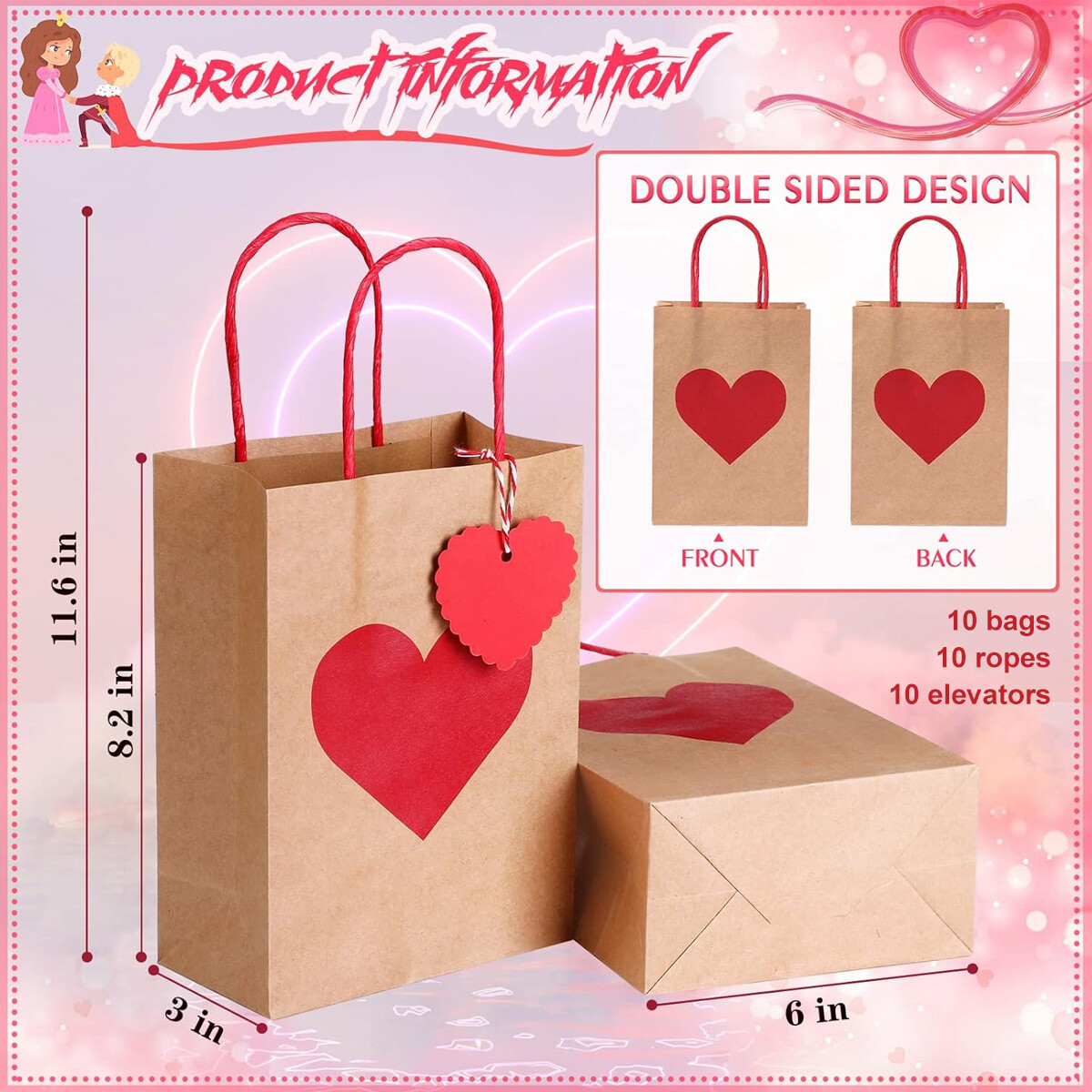 Sacs cadeaux en papier kraft avec étiquettes, motif cœur, réutilisables ...