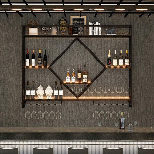 Wall Mounted Wine Rack with Glass Holder LED Light Metal Bar Shelf for ...