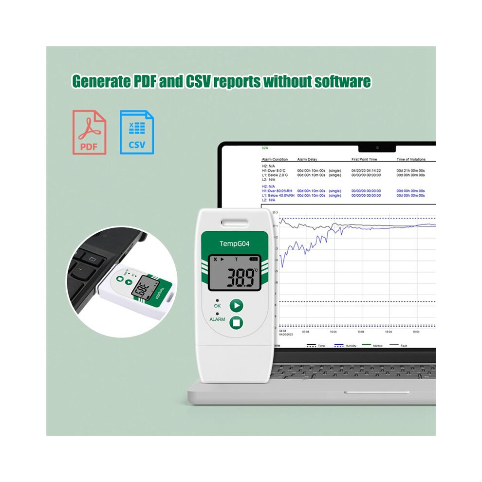 TempG04 USB Temperature Data Logger Export to CVS&PDF 32000 Points ...