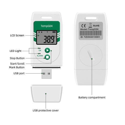 TempG04 USB Temperature Data Logger Export to CVS&PDF 32000 Points ...