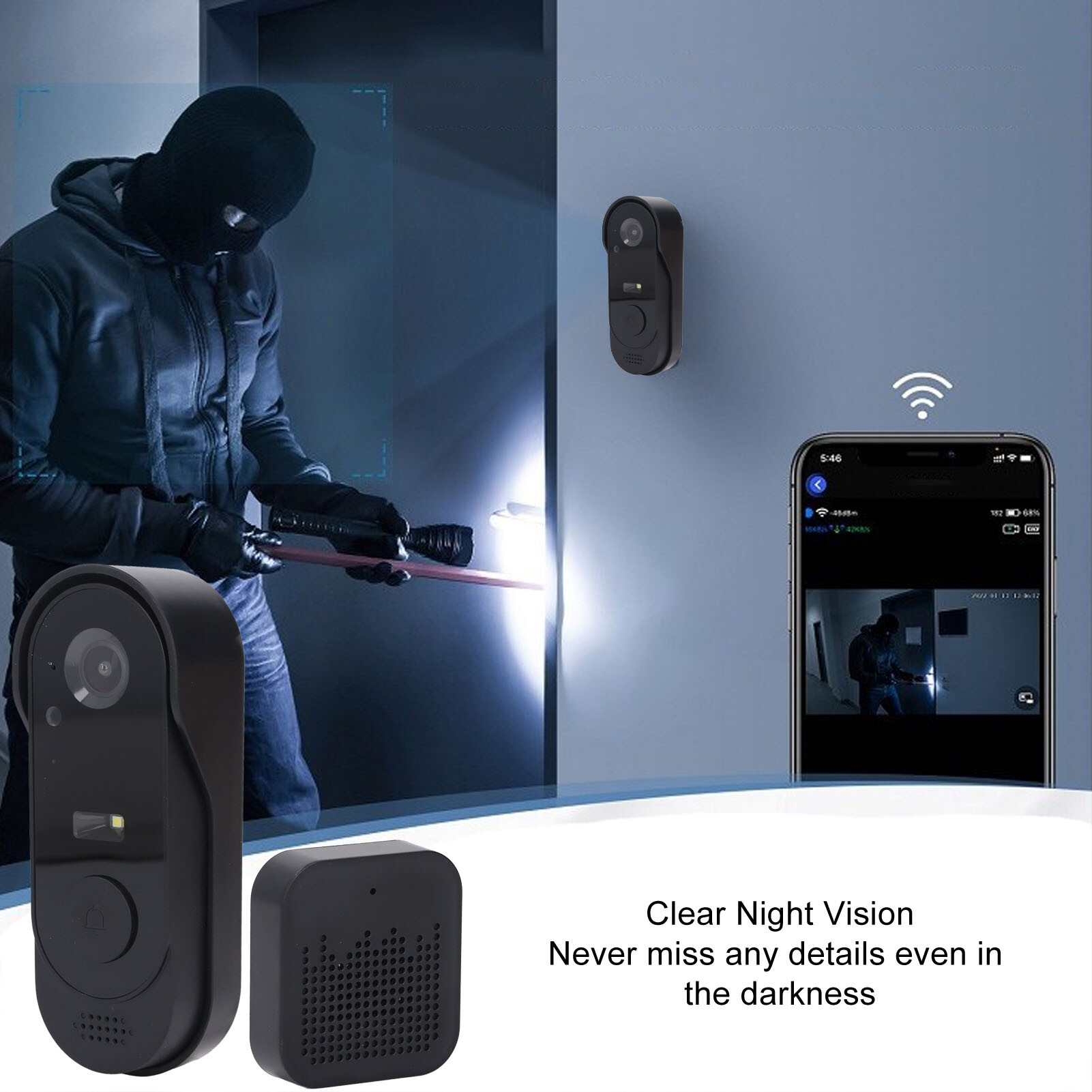 Caméra de porte vidéo sans fil avec stockage de 64 Go, vision nocturne ...