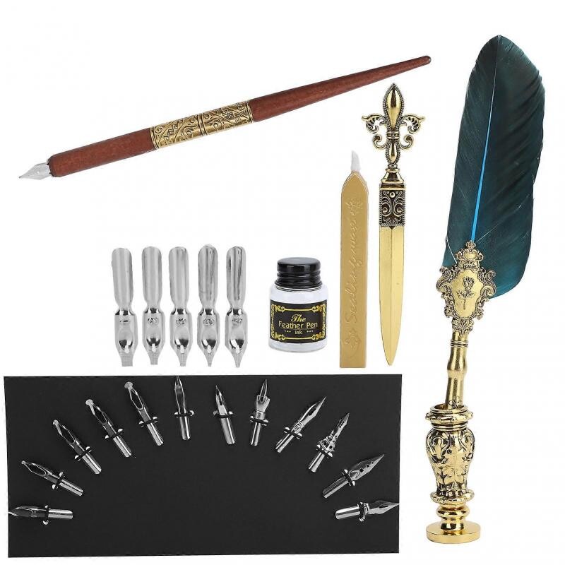 Feather Pen Set Calligraphy Writing Drawing Quill Dip Kit Vintage Art ...
