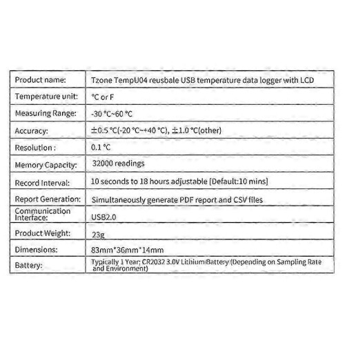 TempU04 USB Temperature Data Logger Recorder with 32000 Points Capacity Reusable TEMP Data ...