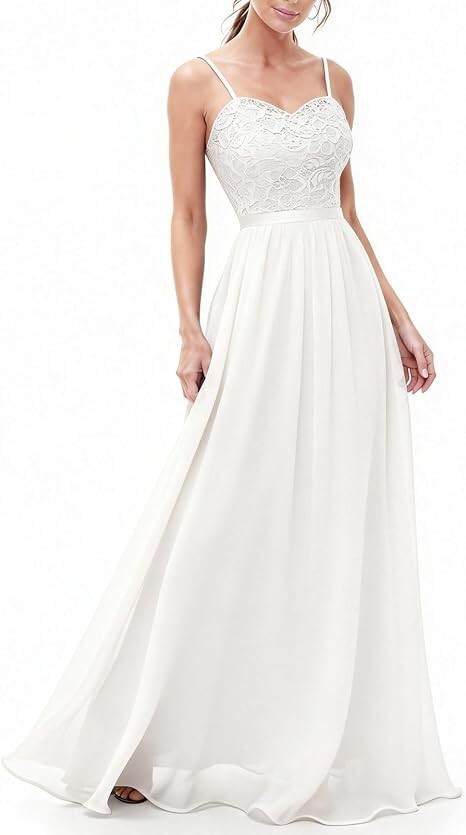 (XL, White) Lace Chiffon Wedding Dresses for Women , Spaghetti Strap ...
