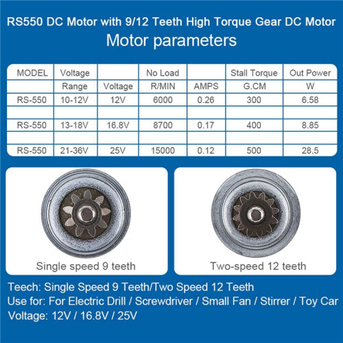2X RS550 18V 19500 RPM Motor with Two-Speed 11 Teeth and High Torque ...