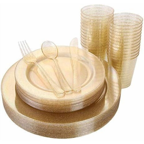 150-Piece Gold & Green Disposable Dinnerware Set on OnBuy