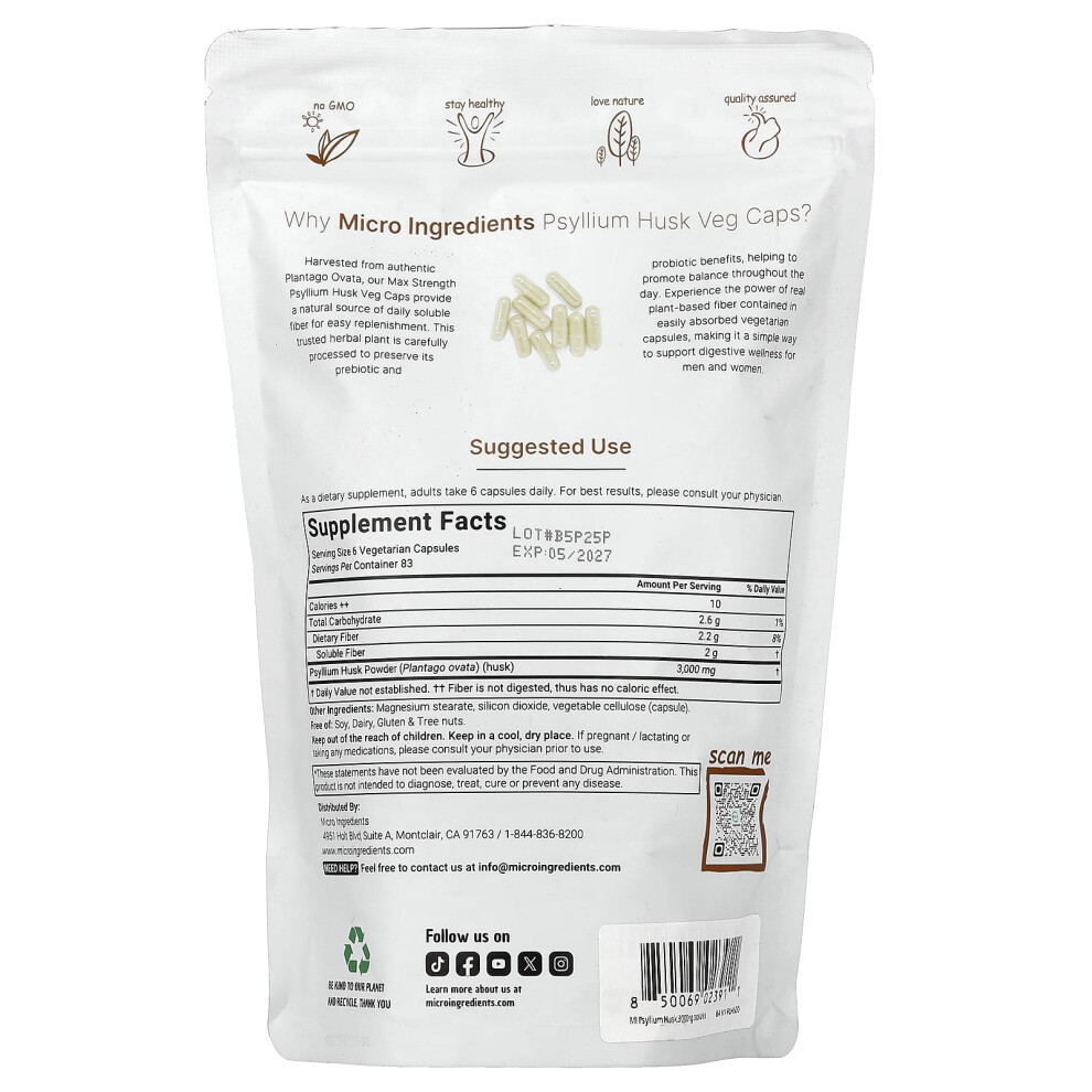 Micro Ingredients, Psyllium Husk Veg Caps, 500 Capsule Vegetariani (500 ...