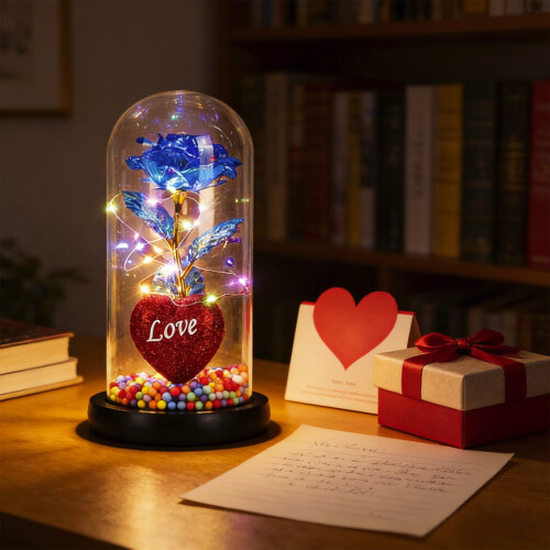 Heart-Shaped Eternal Rose Night Light in Glass Dome – Blue on OnBuy