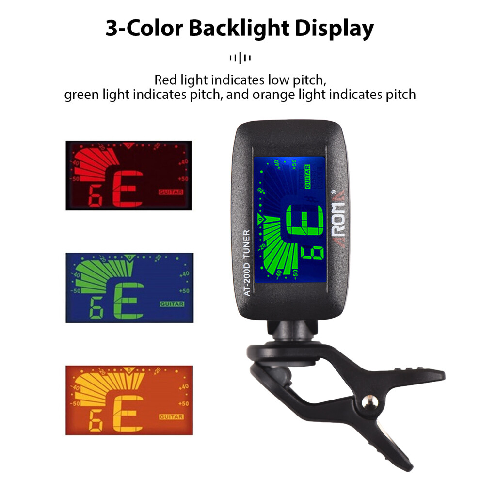 AROMA Clip-On Guitar Tuner with LCD Backlight, 3-Color Display ...