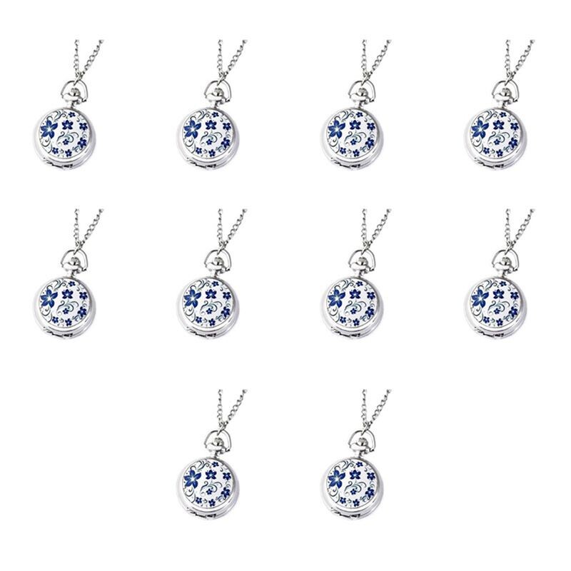 10X Reloj de Bolsillo Flor Azul Loto Plata Pequeño de Cuarzo Retro ...