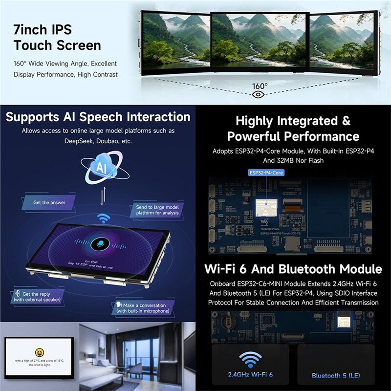 ESP32 P4 Wi-Fi 6 Dev Board 7-Inch 1024x600 Touch Display ESP32 C6 Dual ...