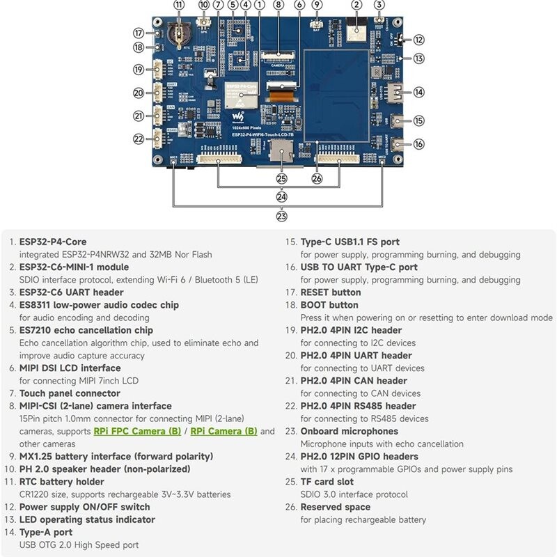ESP32 P4 Wi-Fi 6 Dev Board 7-Inch 1024x600 Touch Display ESP32 C6 Dual ...