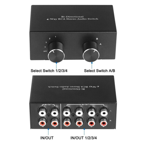 2X Bi-Directional 4-Way RCA Stereo Audio L/R Sound Channel Audio ...