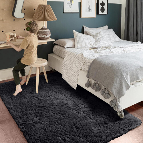 (140x200cm-Small Area Rug, Black) Shaggy Rug-Non Slip Faux Fur Extra ...