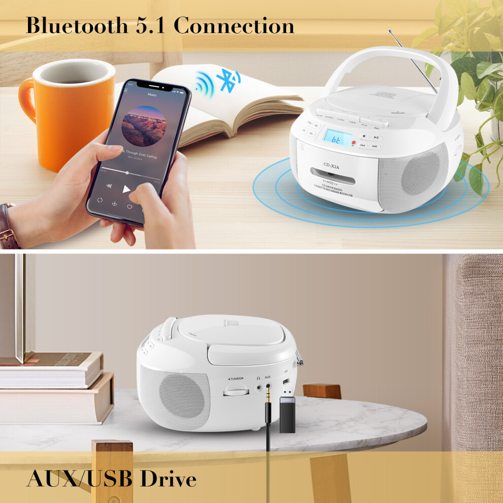 (Red, UK Standard) Radio portable Bluetooth avec lecteur de cassettes ...