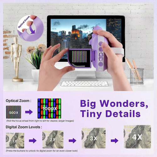 Dino Microscope for Kids, 1000x Portable Digital Microscope Camera with ...