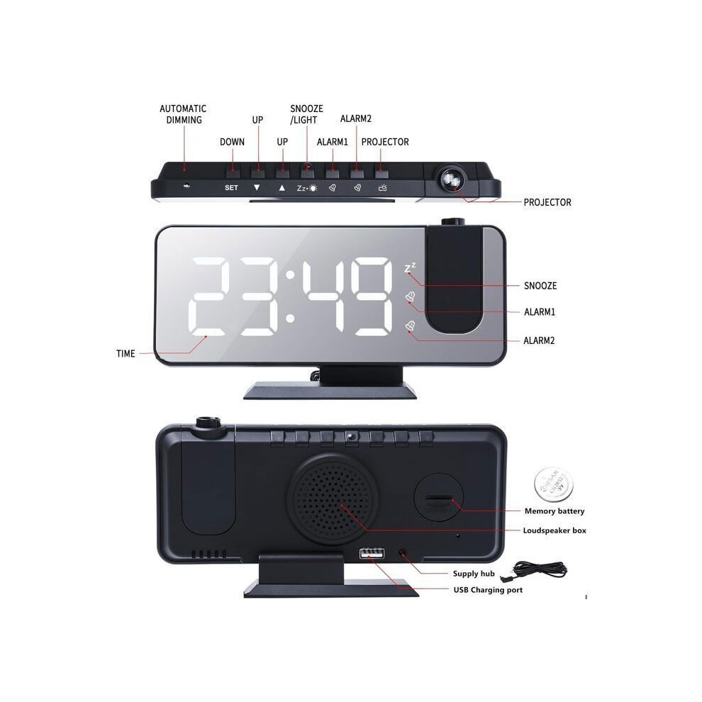 Ceiling Projection Alarm Clock, LED Mirror Projection Model, 2 Snooze ...