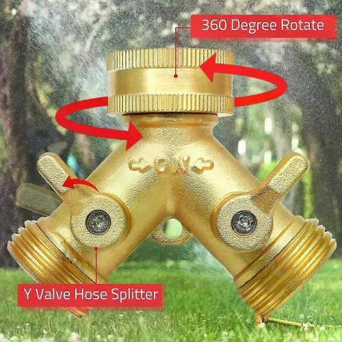 Brass 3/4 Inch Garden Hose Y-Splitter Connector, 2-Way Outdoor Faucet ...