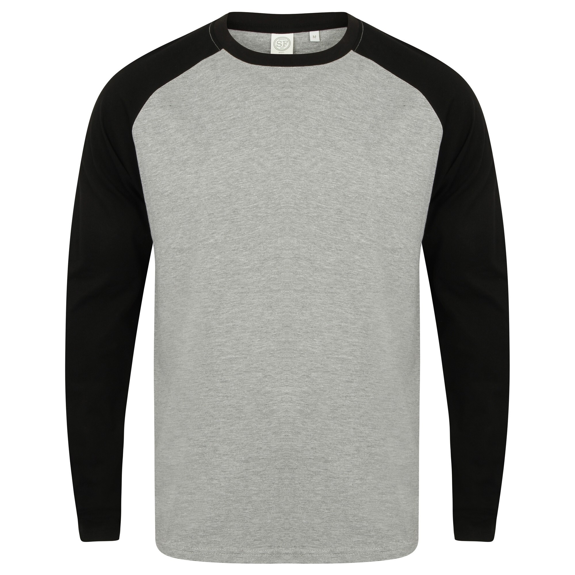 (M, Heather Grey / Black) Skinnifit Mens Raglan Long Sleeve Baseball T ...