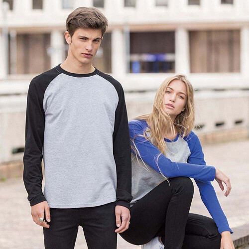 (M, Heather Grey / Black) Skinnifit Mens Raglan Long Sleeve Baseball T ...