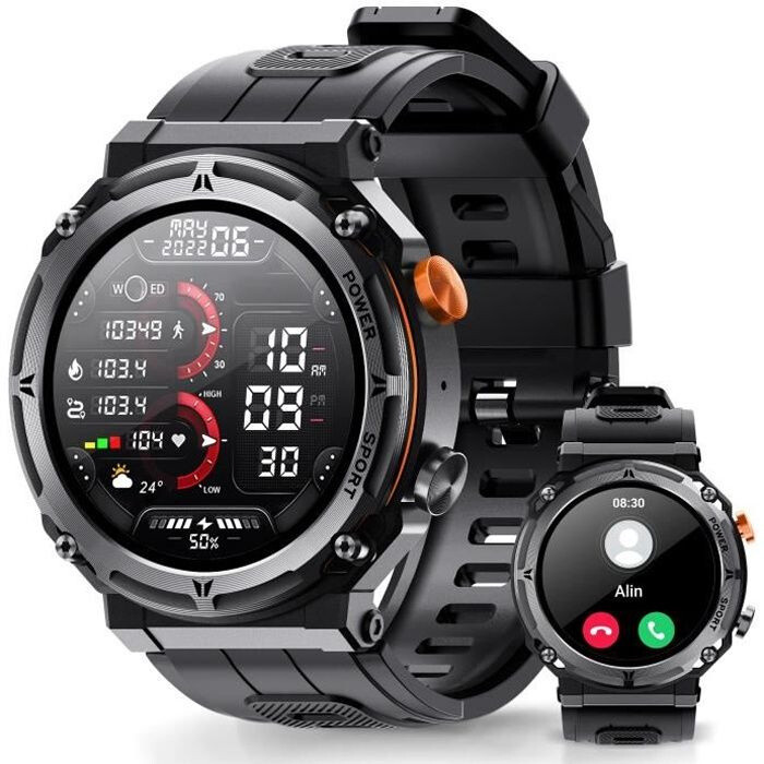 Montre connectée de style militaire pour homme - Étanche jusqu'à 5 ATM ...
